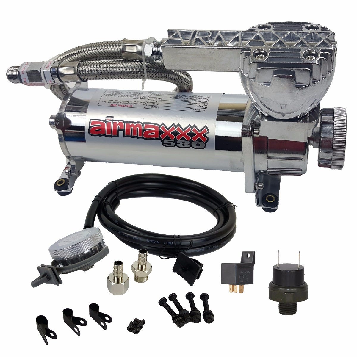 airmaxxx 580 Chrome Air Ride Compressor Single w/ Filter Relocation Kit ...
